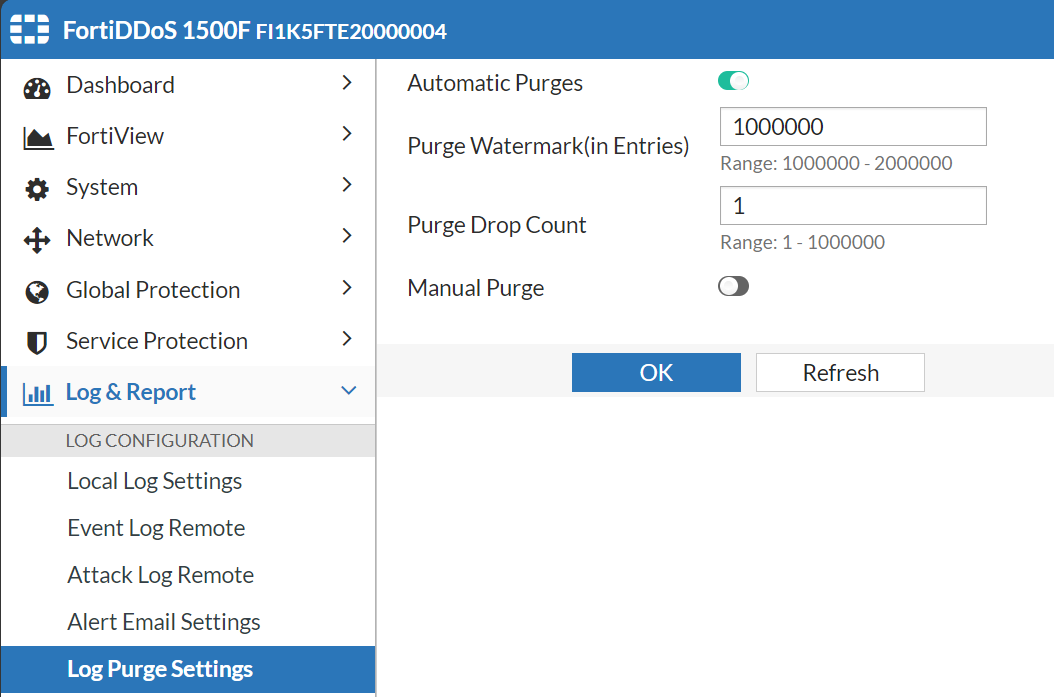 Configuring Attack Log purge settings | FortiDDoS-F 7.0.0 | Fortinet Document Library