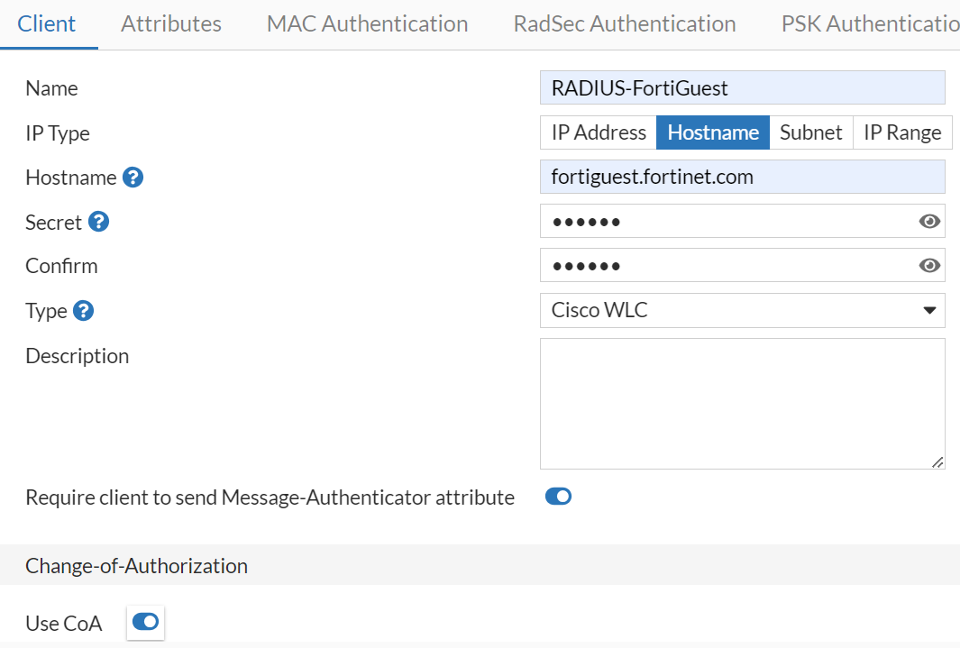 RADIUS Clients | FortiGuest 2.2.0 | Fortinet Document Library
