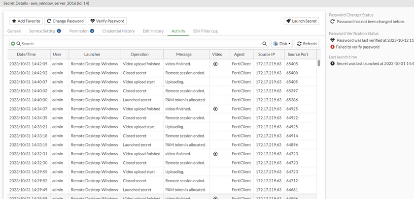 Viewing secret activity | FortiPAM 1.5.0 | Fortinet Document Library