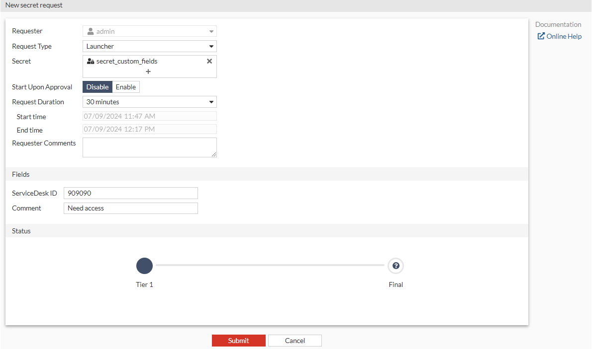 Configuring and accessing a secret that uses an approval profile with custom fields Example ...