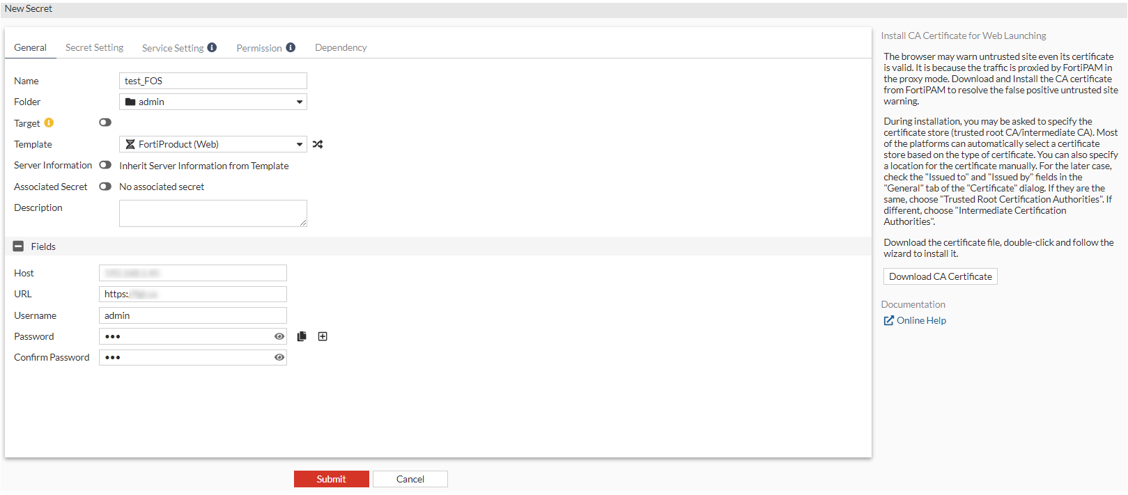 Configuring a web FortiProduct secret Example | FortiPAM 1.5.0 ...