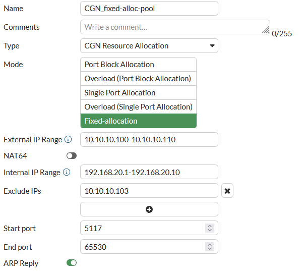 Fixed allocation CGN IP pool | FortiGate / FortiOS 7.6.1 | Fortinet ...