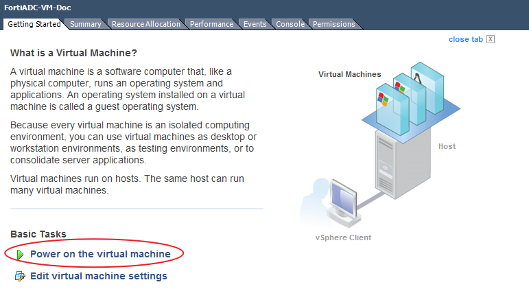 Step 3: Power on the virtual appliance | FortiADC Private Cloud 5.4.0