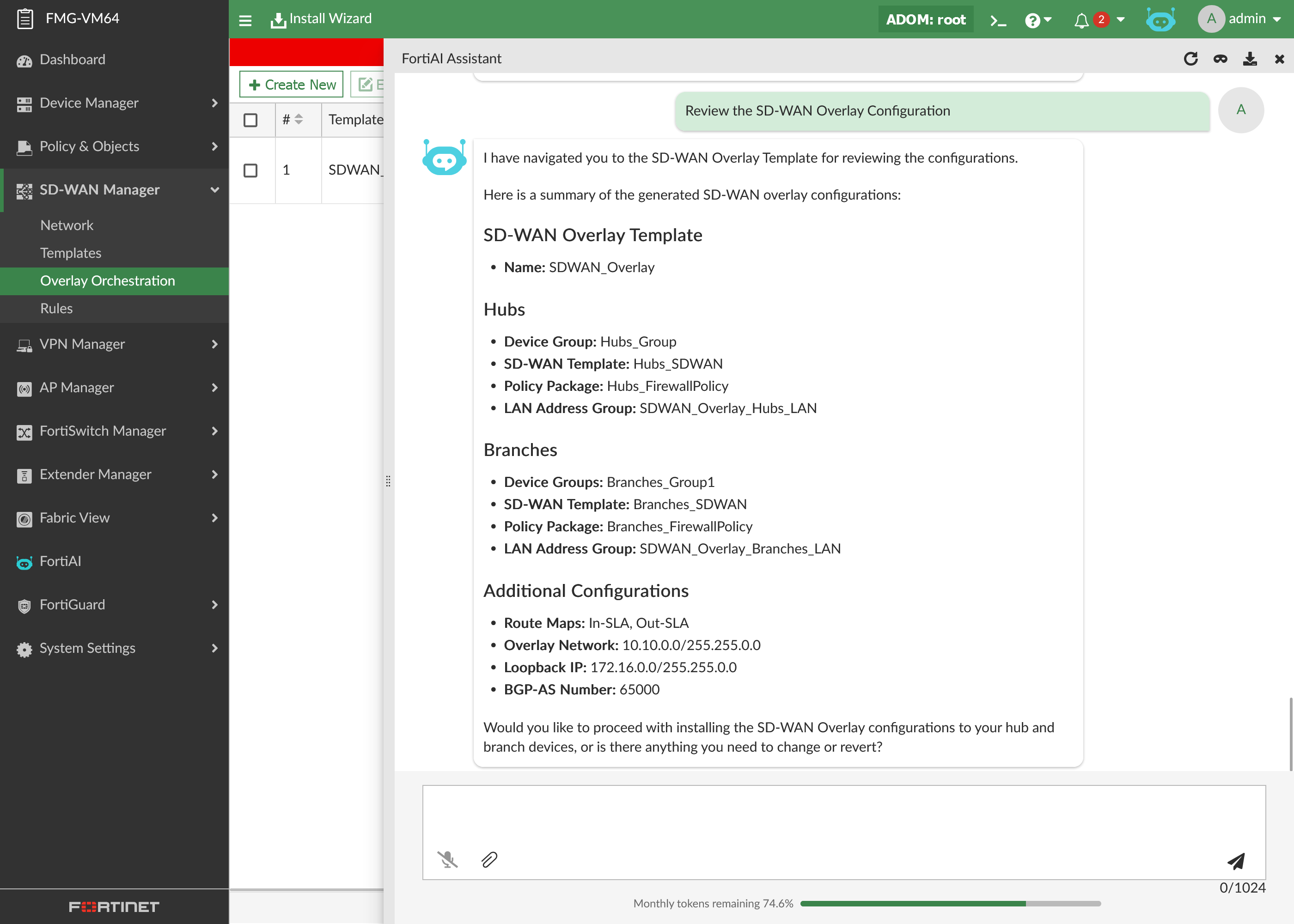 SD-WAN overlay configuration using FortiAI Example | FortiManager 7.6.2 ...