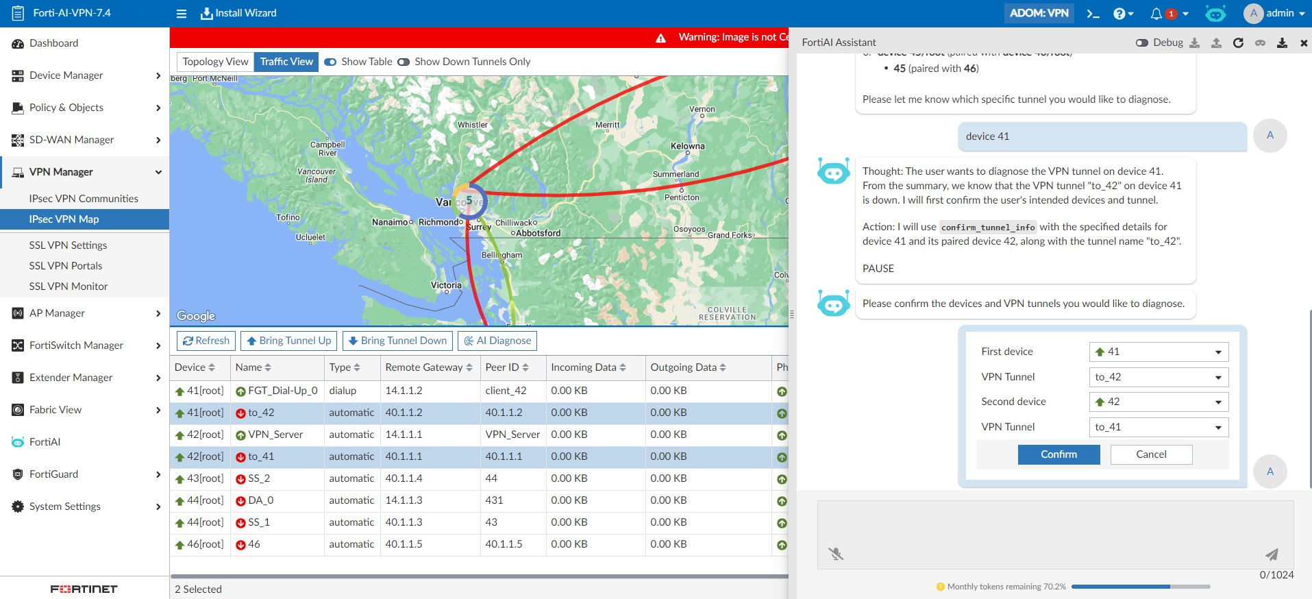 Checking and diagnosing the VPN tunnel using FortiAI Example ...