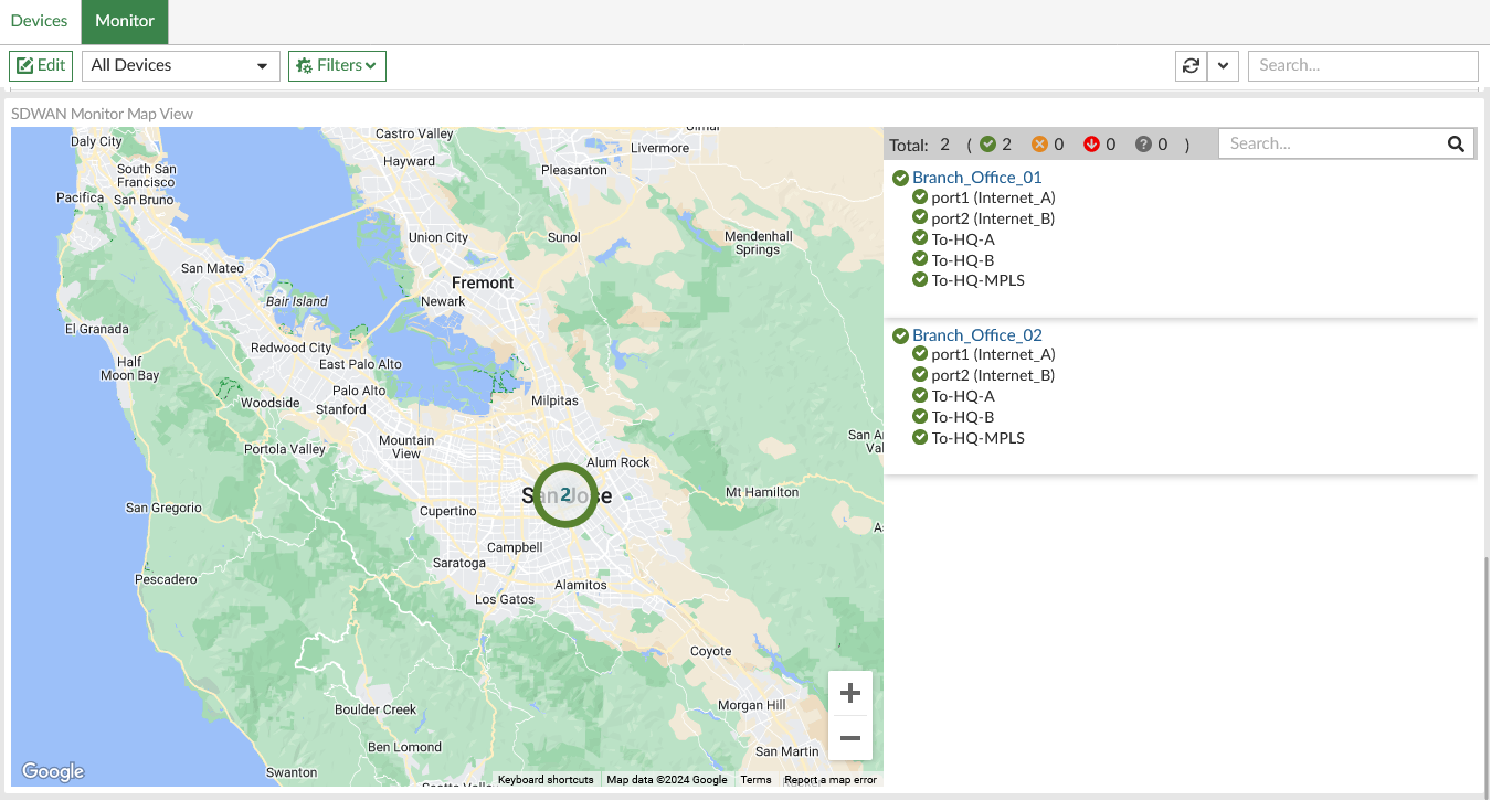 SD-WAN monitor map view | FortiManager 7.6.2 | Fortinet Document Library