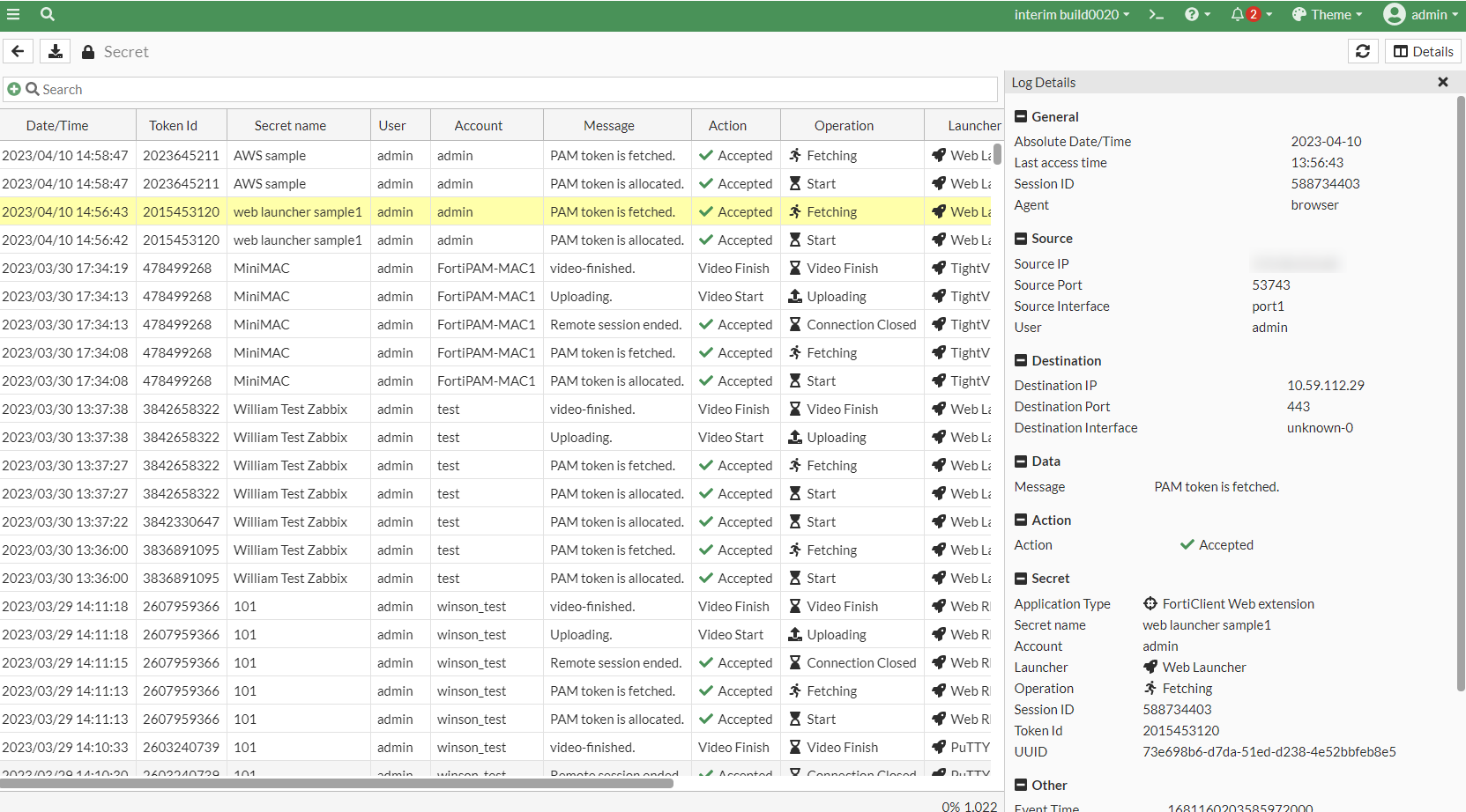Reviewing secret log for the web launching session | FortiPAM 1.0.0