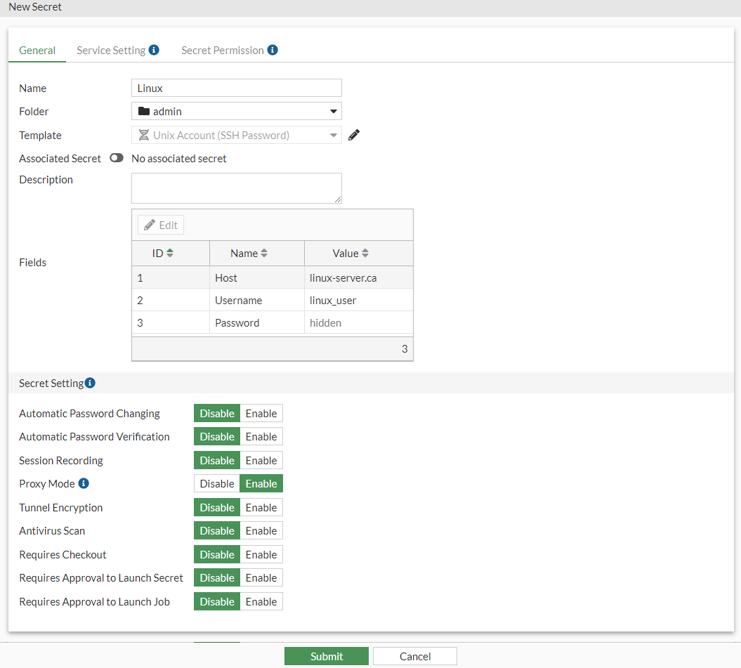 Creating a secret with Unix template | FortiPAM 1.0.0