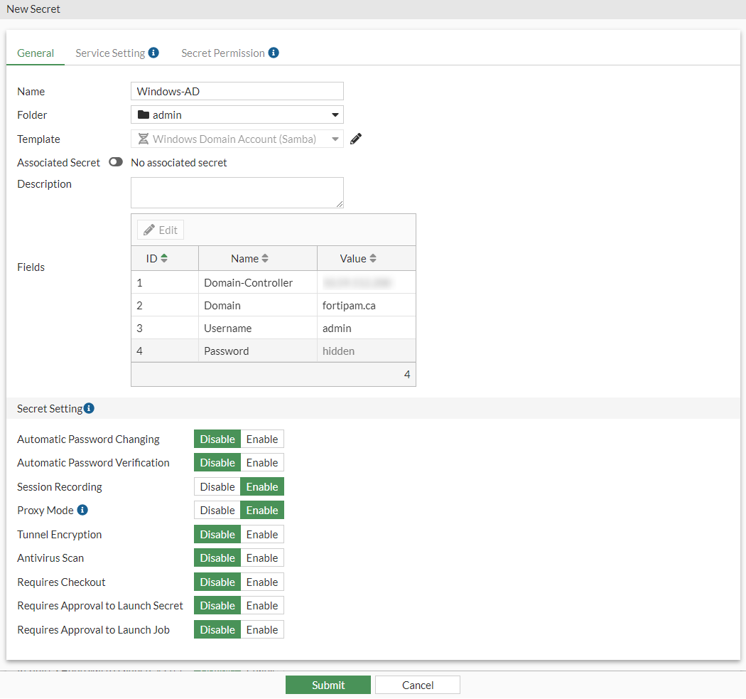 Creating a secret with Windows Domain Account (Samba) template ...