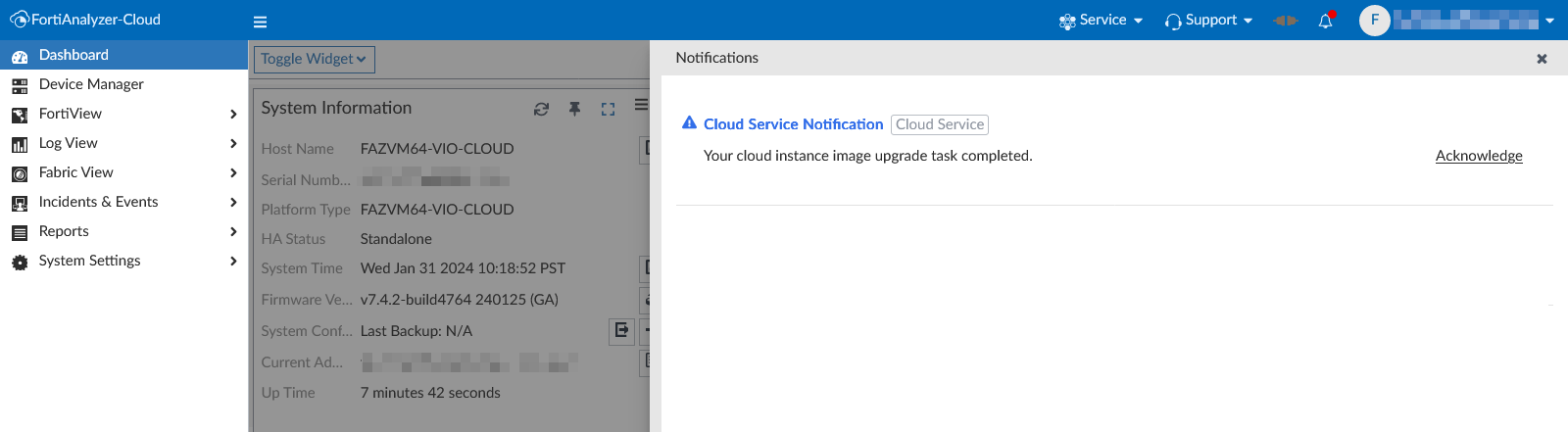 Using the FortiAnalyzer Cloud toolbar | FortiAnalyzer Cloud 7.6.3 | Fortinet Document Library