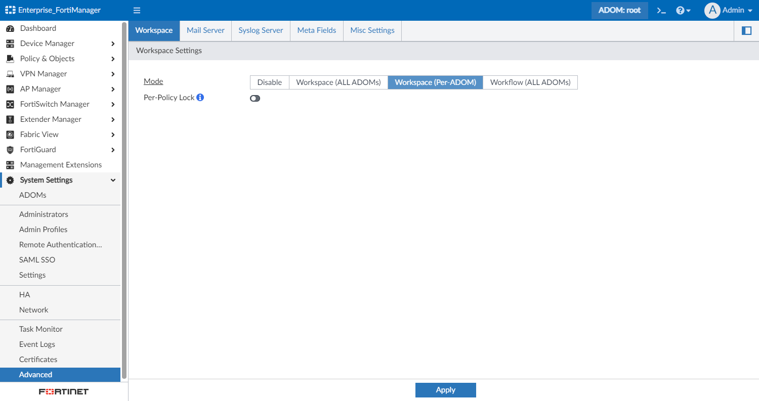 Enable workspace mode | FortiManager 7.4.6 | Fortinet Document Library
