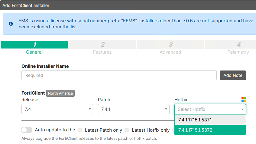 Adding a FortiClient hotfix installer | FortiClient 7.4.3 | Fortinet ...