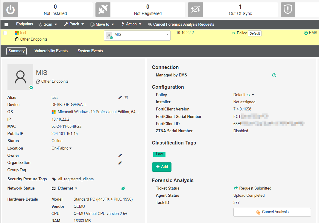 Requesting forensic analysis on an endpoint | FortiClient 7.4.3 | Fortinet Document Library