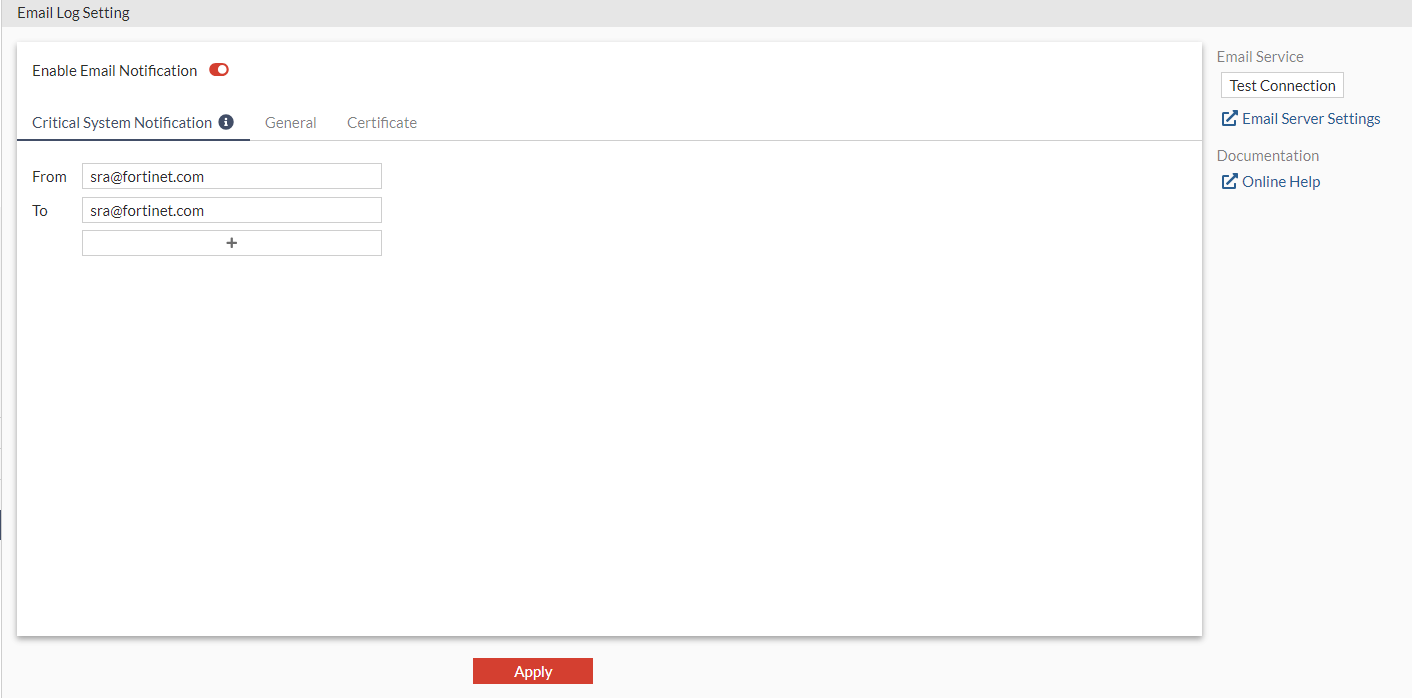 Email alert settings | FortiSRA 1.6.0 | Fortinet Document Library