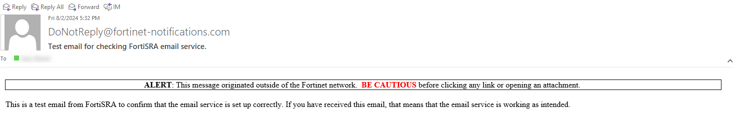 Testing the email service connection example | FortiSRA 1.6.0 ...