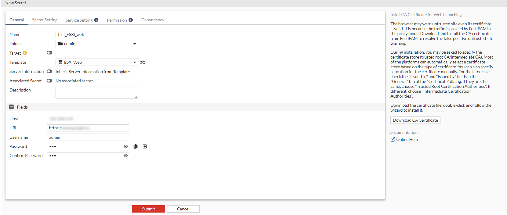 Configuring an ESXi web secret Example | FortiPAM 1.4.1 | Fortinet Document Library