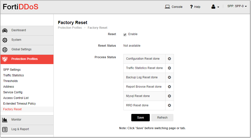 Performing a factory reset of SPP settings | FortiDDoS 5.7.3 | Fortinet ...
