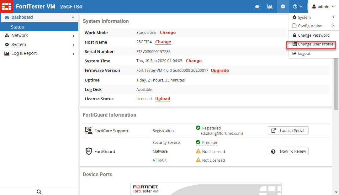 Viewing system status | FortiTester 7.4.4 | Fortinet Document Library
