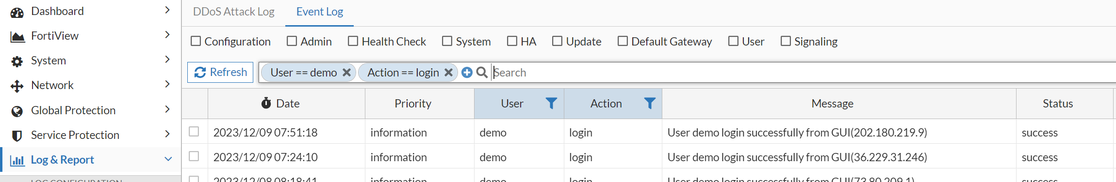 Using the event log table | FortiDDoS-F 7.0.1 | Fortinet Document Library
