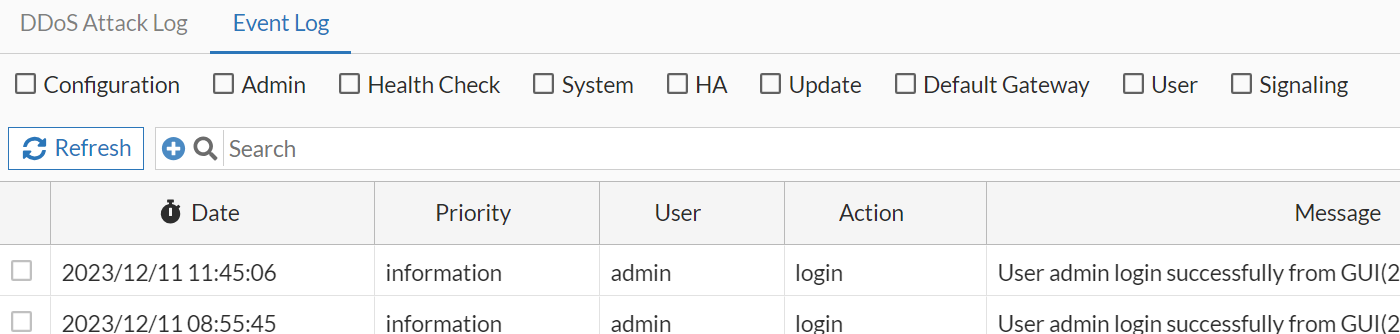 Using the event log table | FortiDDoS-F 7.0.1 | Fortinet Document Library