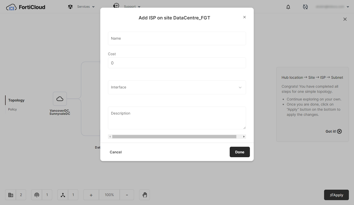 Adding an ISP for the site | Overlay-as-a-Service 24.4.0 | Fortinet ...