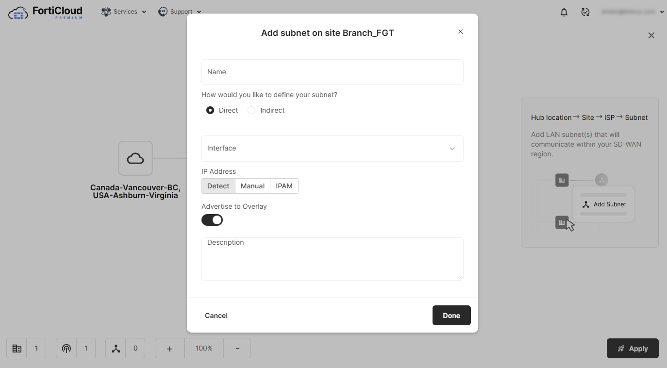 Adding a subnet for the site | Overlay-as-a-Service 24.4.0 | Fortinet ...