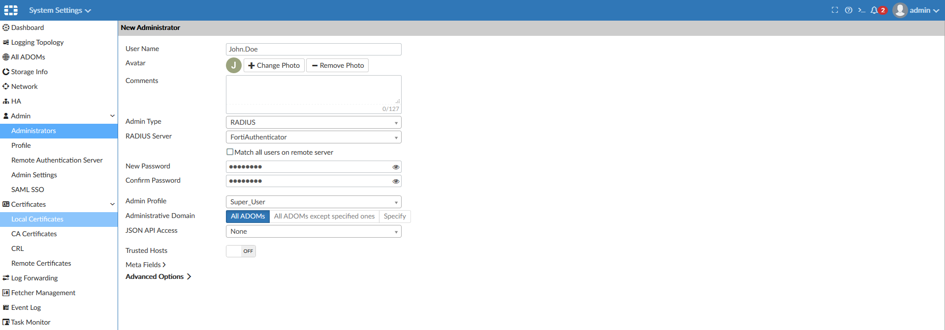 Creating an admin user | FortiAuthenticator 6.4.0 | Fortinet Document ...