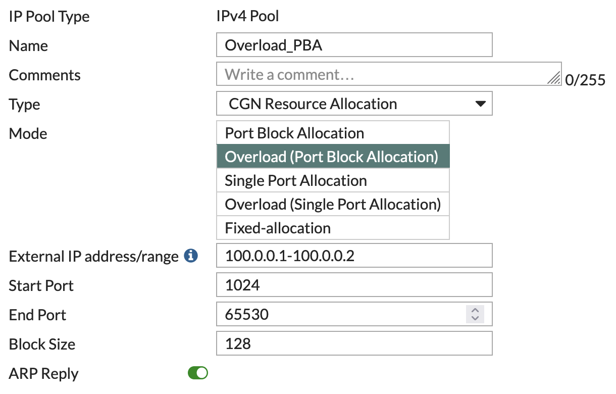 Overload Port Block Allocation PBA | FortiGate / FortiOS 7.2.5 ...