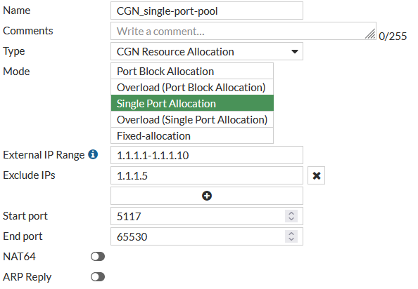 Single port allocation CGN IP pool | FortiGate / FortiOS 7.4.3 ...