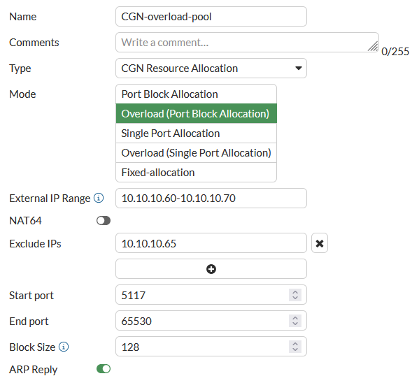 Overload with port-block-allocation CGN IP pool | FortiGate / FortiOS 7 ...