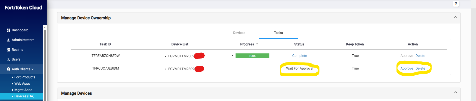 Transfer devices on FTC | FortiToken Cloud 23.3.a