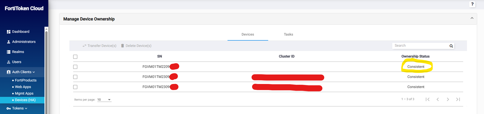 Transfer devices on FTC | FortiToken Cloud 23.3.a