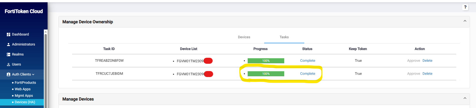 Transfer devices on FTC | FortiToken Cloud 23.3.a