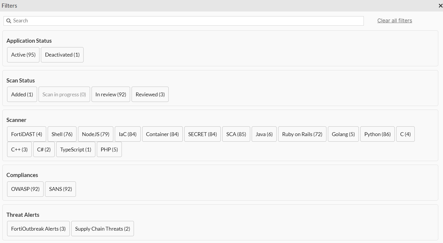 Filtering Applications | FortiDevSec 24.3.a | Fortinet Document Library