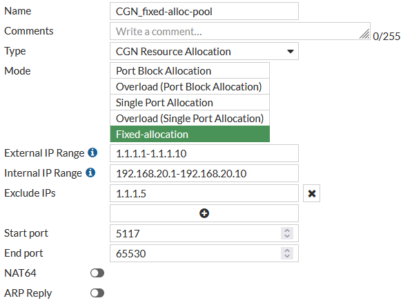 Fixed allocation CGN IP pool | FortiGate / FortiOS 7.4.7 | Fortinet ...