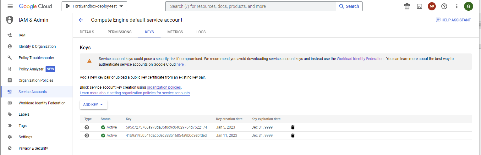 Generate GCP access key for FortiSandbox | FortiSandbox Public Cloud 4.2.3