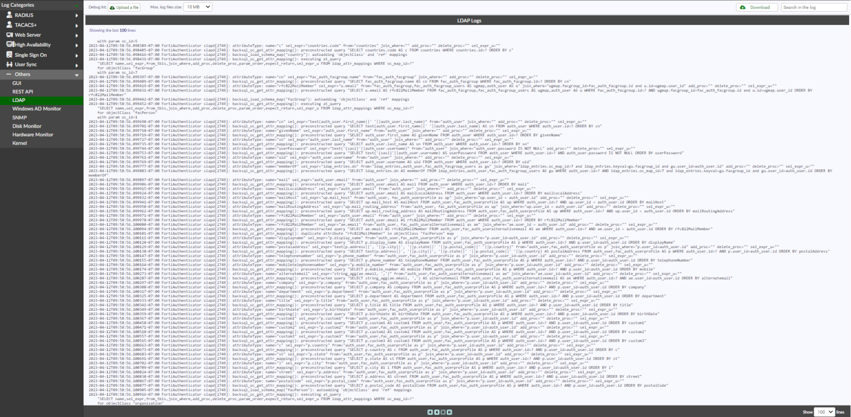 Debug logs | FortiAuthenticator 6.6.3 | Fortinet Document Library