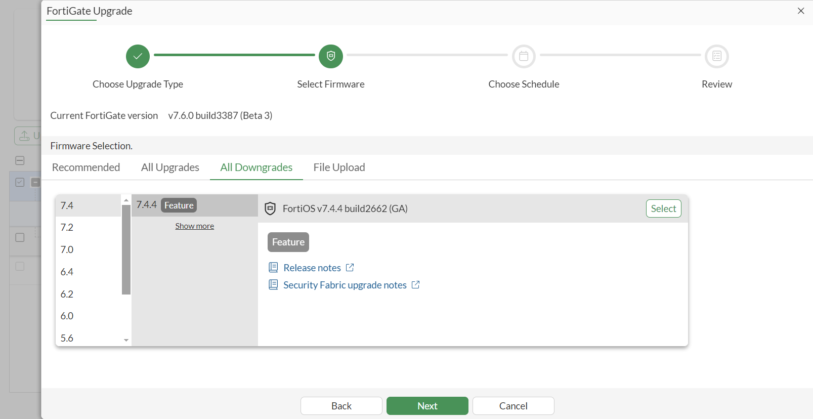 Downgrading individual device firmware | FortiGate / FortiOS 7.6.3 ...