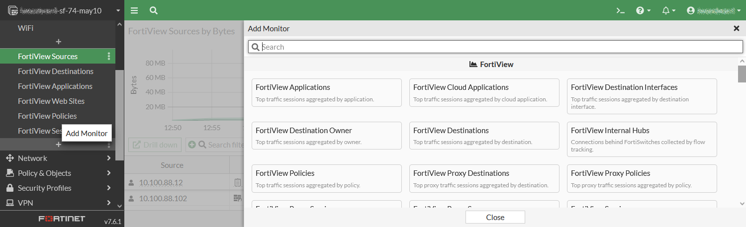 FortiView Top Source and Top Destination Firewall Objects monitors ...