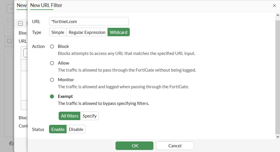 Configuring web filter to exempt URLs from other security profiles ...