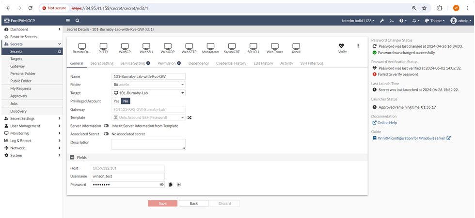 Creating a secret for the target that uses the FortiGate reverse ...