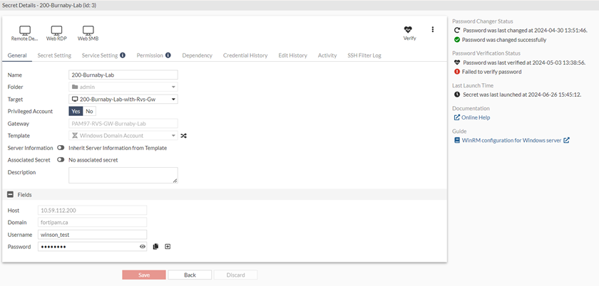 Creating a secret for the target that uses the FortiPAM reverse gateway ...