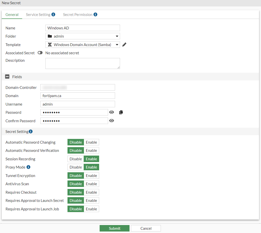 Creating a secret with Windows Domain Account (Samba) template ...