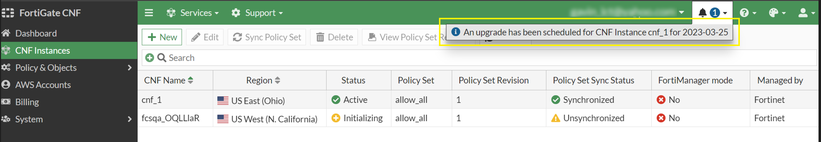 Schedule FortiGate CNF instance upgrades | FortiGate CNF 23.2.0