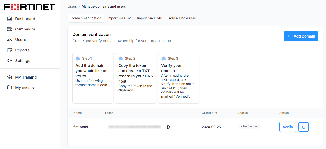 Domain verification | Security Awareness and Training 24.4.0 | Fortinet ...