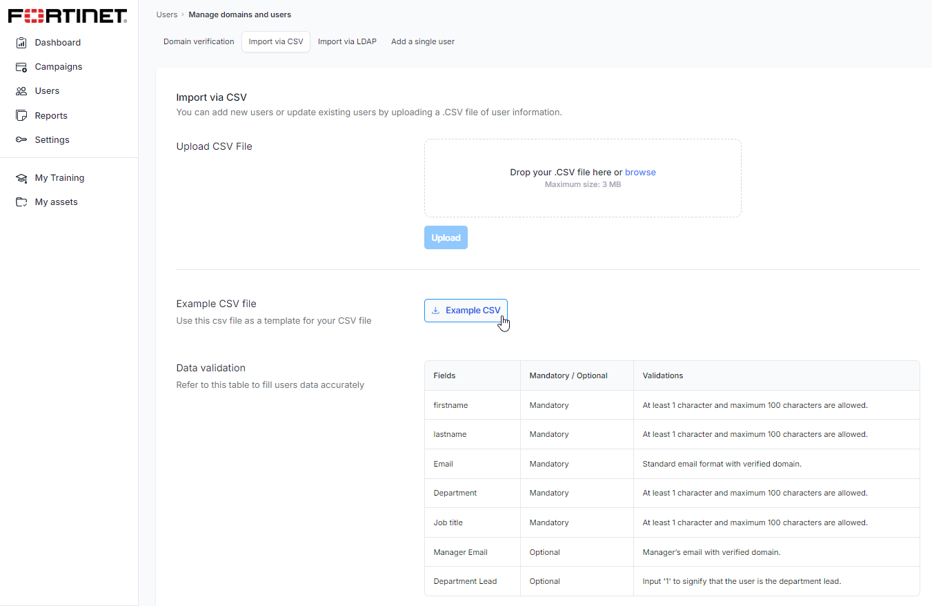 Creating and importing users | Security Awareness and Training 24.4.0 | Fortinet Document Library