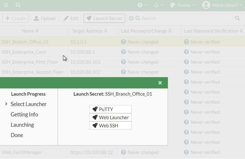 Verifying access for IT administrator user Mark Gilbert | FortiPAM 1.2. ...