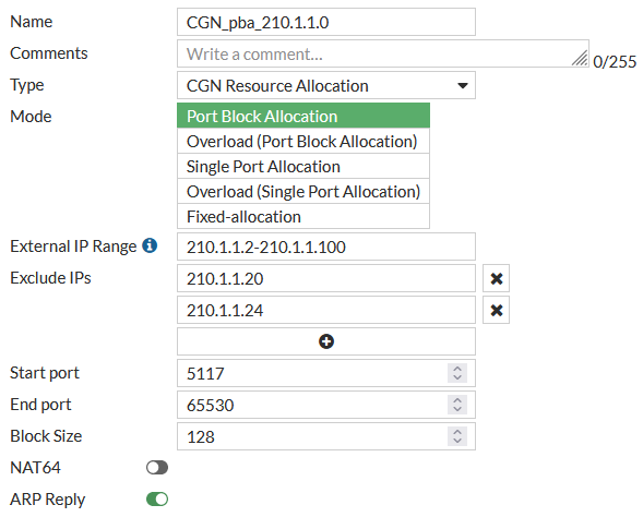 Port block allocation CGN IP pool | FortiGate / FortiOS 7.4.8 | Fortinet Document Library