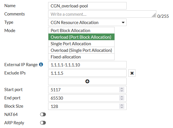 Overload with port-block-allocation CGN IP pool | FortiGate / FortiOS 7 ...