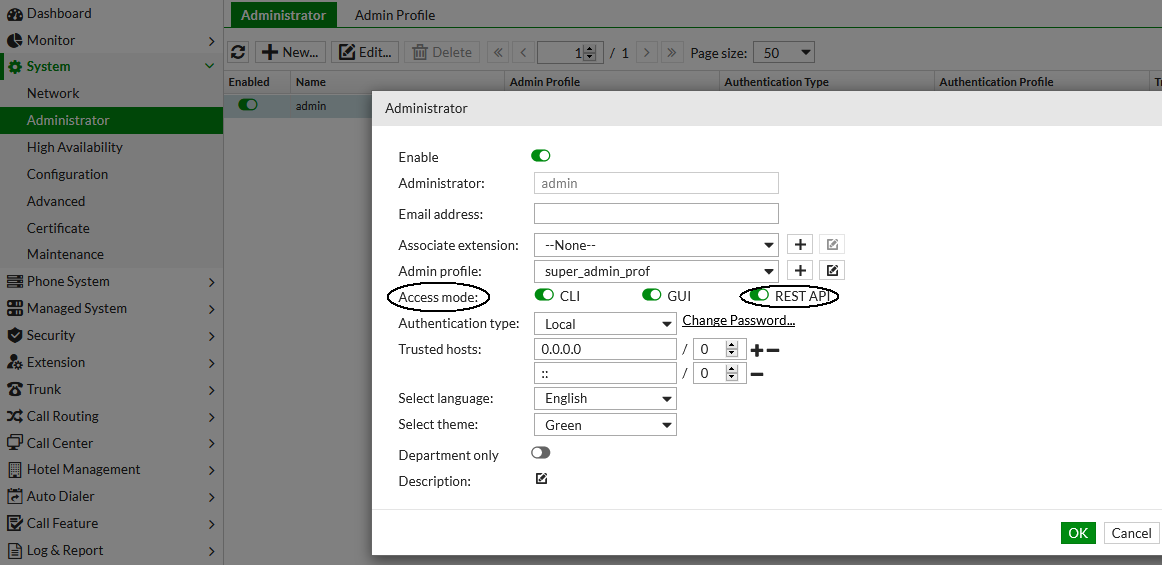 Enabling the REST API access mode | FortiVoice 7.2.1 | Fortinet Document Library